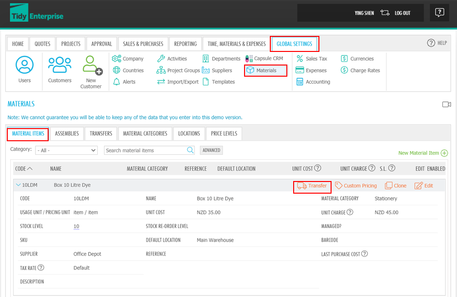Transfer materials between locations